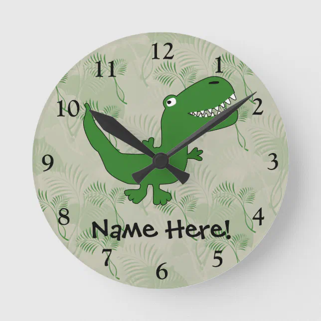 T-Rex Tyrannosaurus Rex Dinosaur Cartoon Kids Boys Round Clock | Zazzle