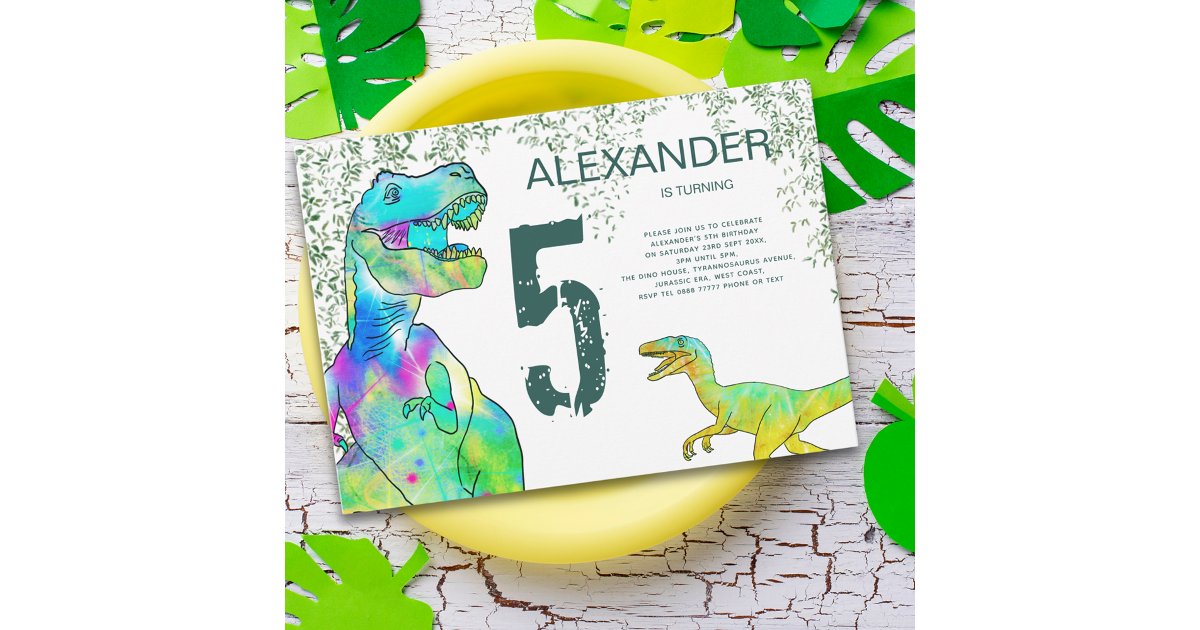 T-Rex Velociraptor Dinosaur 5th Birthday Party Invitation | Zazzle
