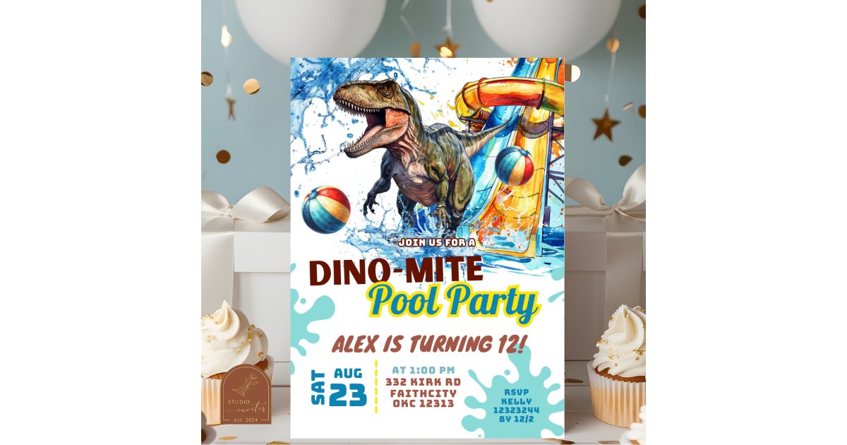 T-Rex Waterslide Pool Party Birthday Invitation | Zazzle