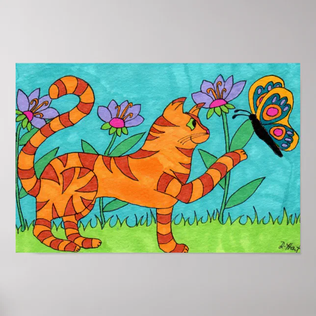Tabby Cat and Butterfly Folk Art Poster | Zazzle