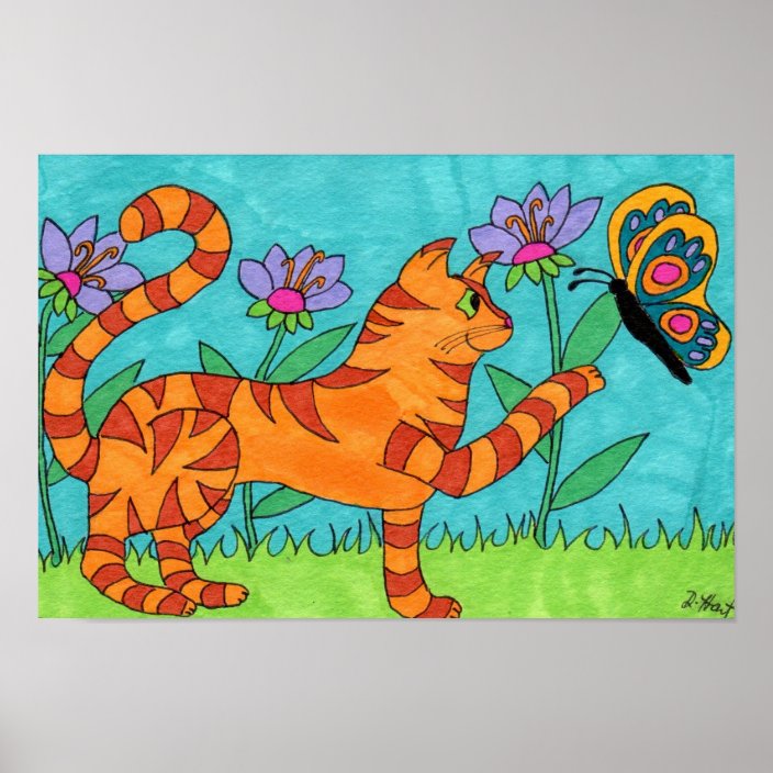 Tabby Cat and Butterfly Folk Art Poster | Zazzle.com