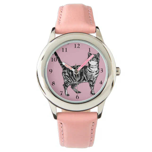Tabby Cat Black White Cats Cute Pink Girls Watch | Zazzle