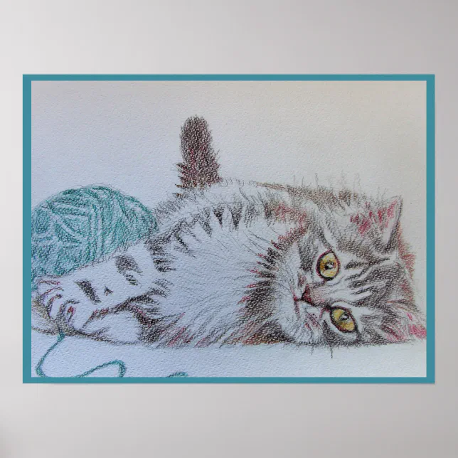 Tabby Cat Cute Funny Frisky cats teal Wool Poster | Zazzle