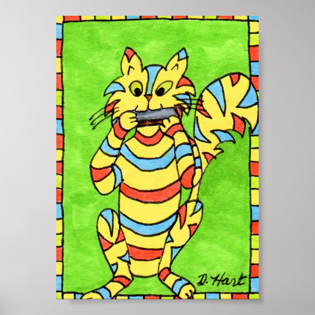 Tabby Cat Playing a Harmonica Mini Folk Art Poster | Zazzle