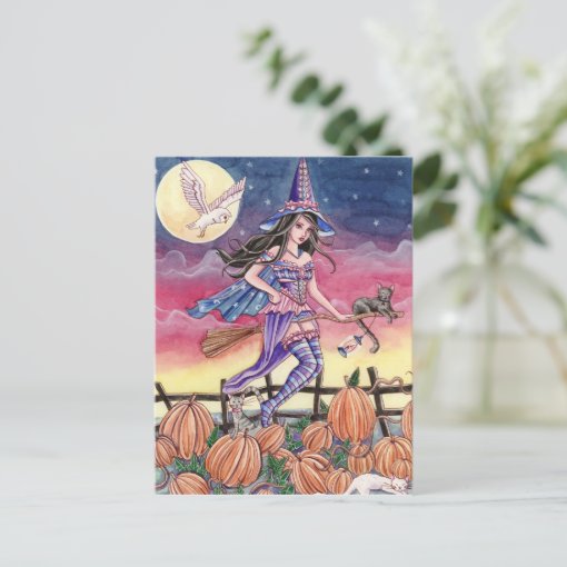 Tabitha - Witch, Cat and Owl Postcard | Zazzle