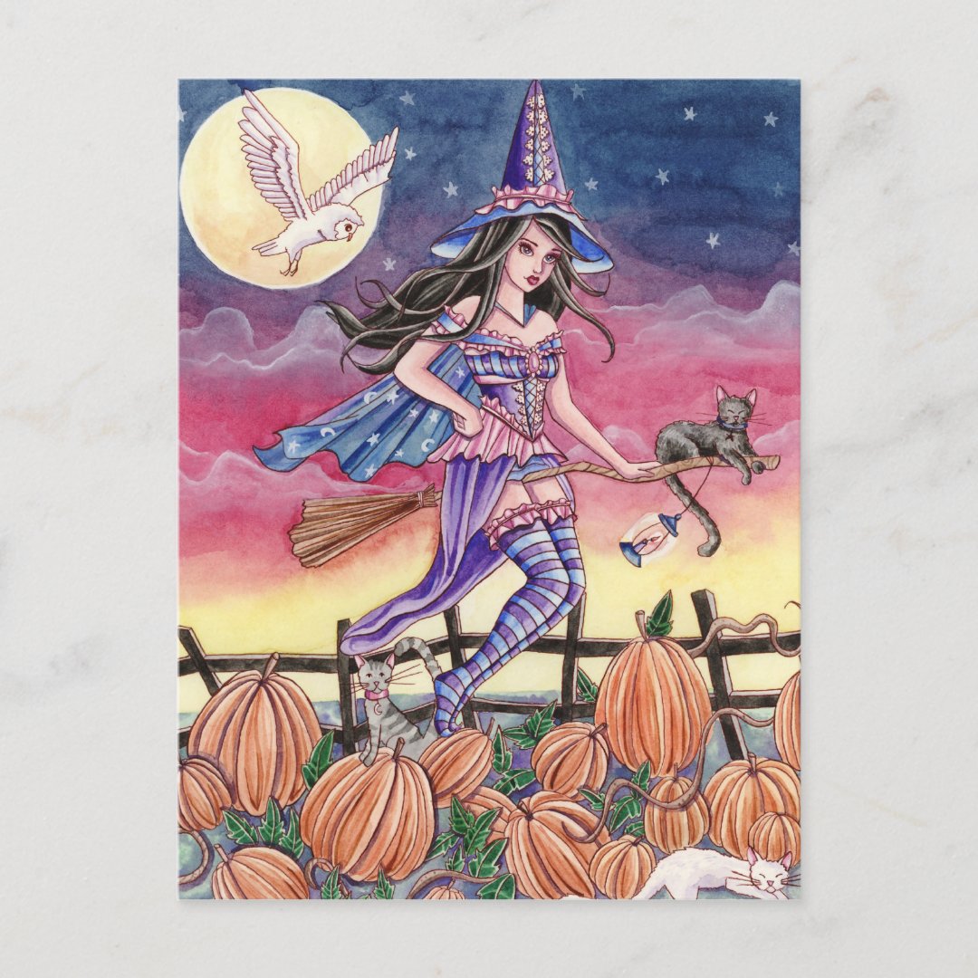 Tabitha - Witch, Cat and Owl Postcard | Zazzle