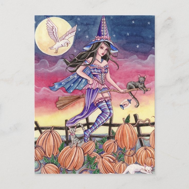 Tabitha - Witch, Cat and Owl Postcard | Zazzle
