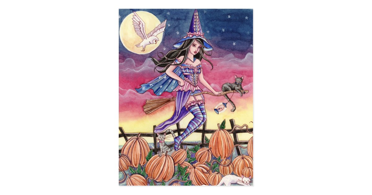 Tabitha - Witch, Cat and Owl Postcard | Zazzle.com