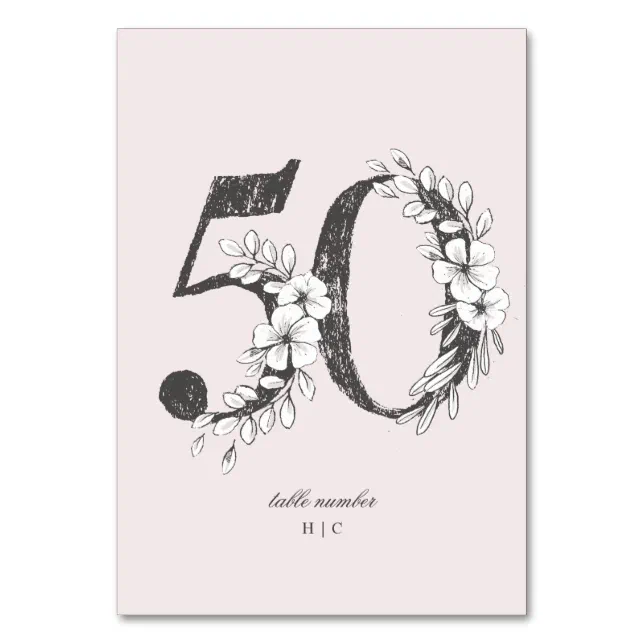Table 50 Beautiful Blush Floral Sketched Wreath Table Number | Zazzle