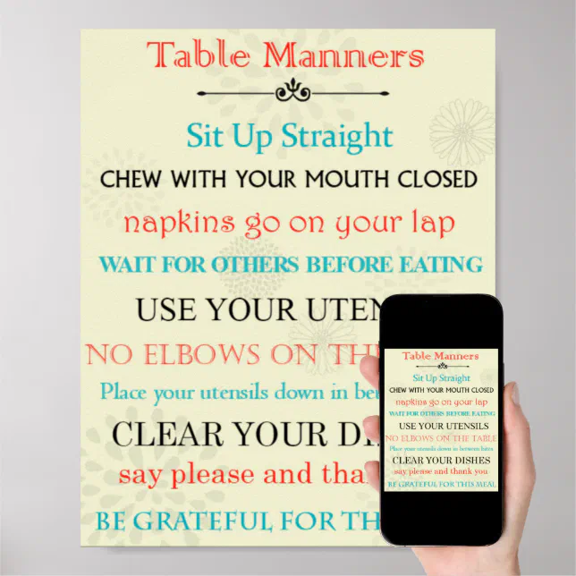 Table Manners Reminder Poster | Zazzle