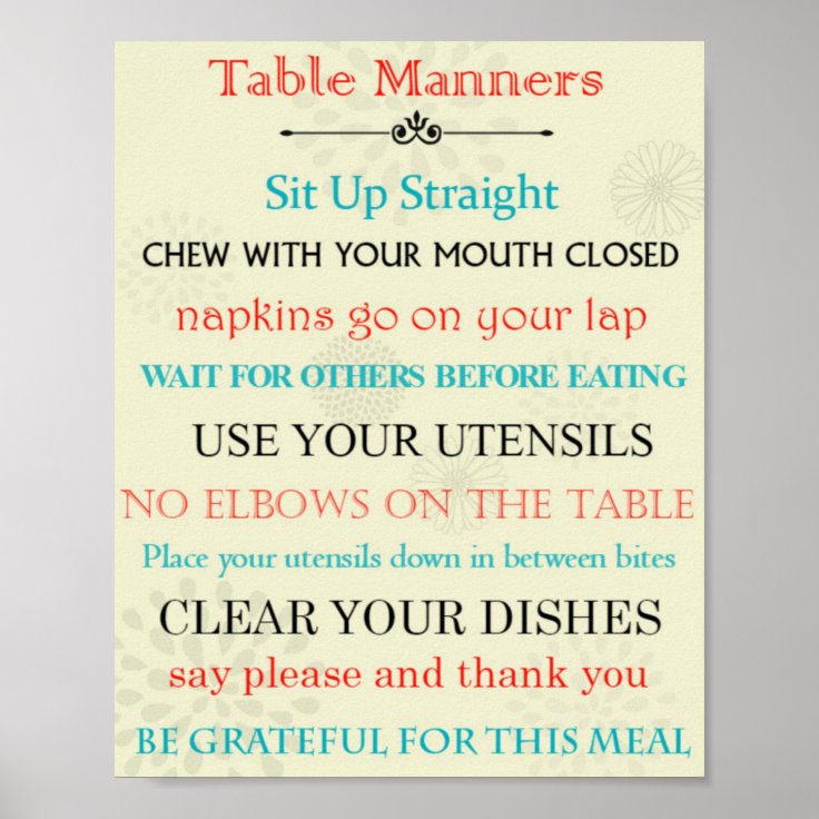 Table Manners Reminder Poster | Zazzle