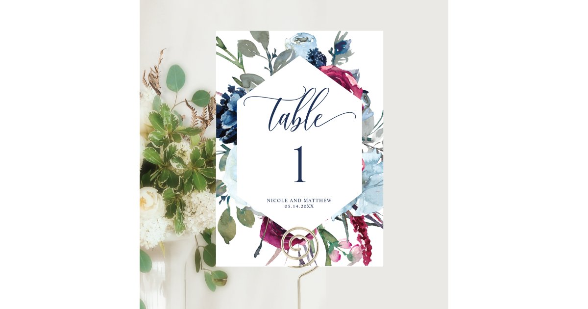Table Number Card Berry, Blue and Burgundy Floral | Zazzle