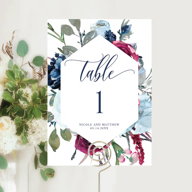 Table Number Card Berry, Blue and Burgundy Floral | Zazzle