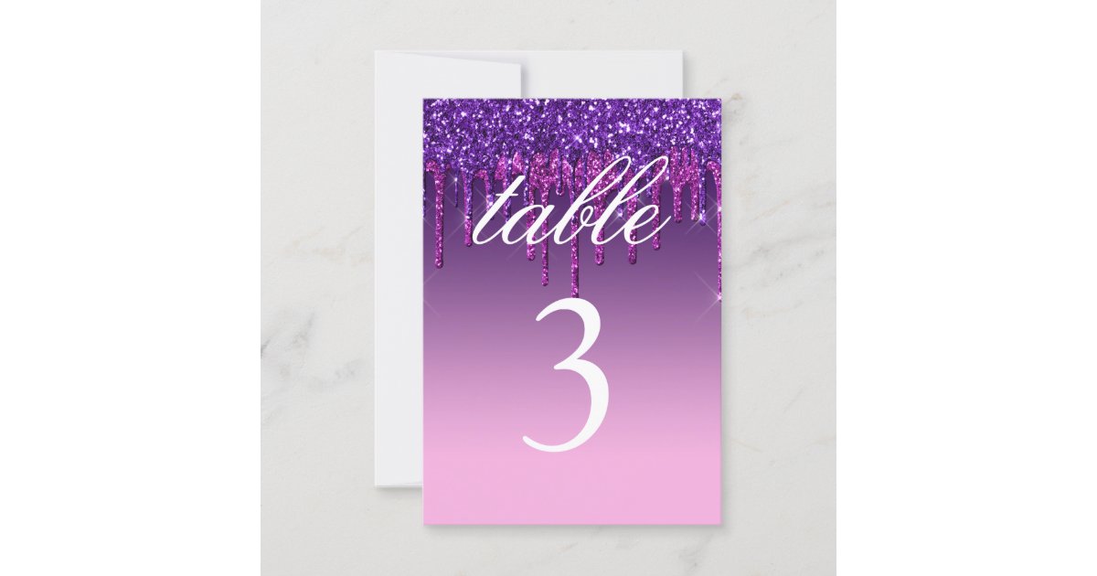 Table Number Card - Purple & Pink Glitter Drip | Zazzle