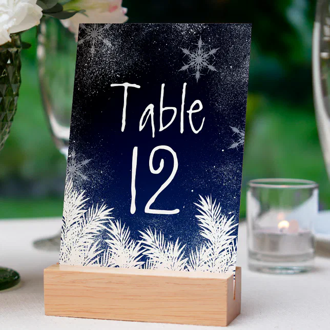 Table Number Elegant Navy Blue Snowflake Wedding | Zazzle