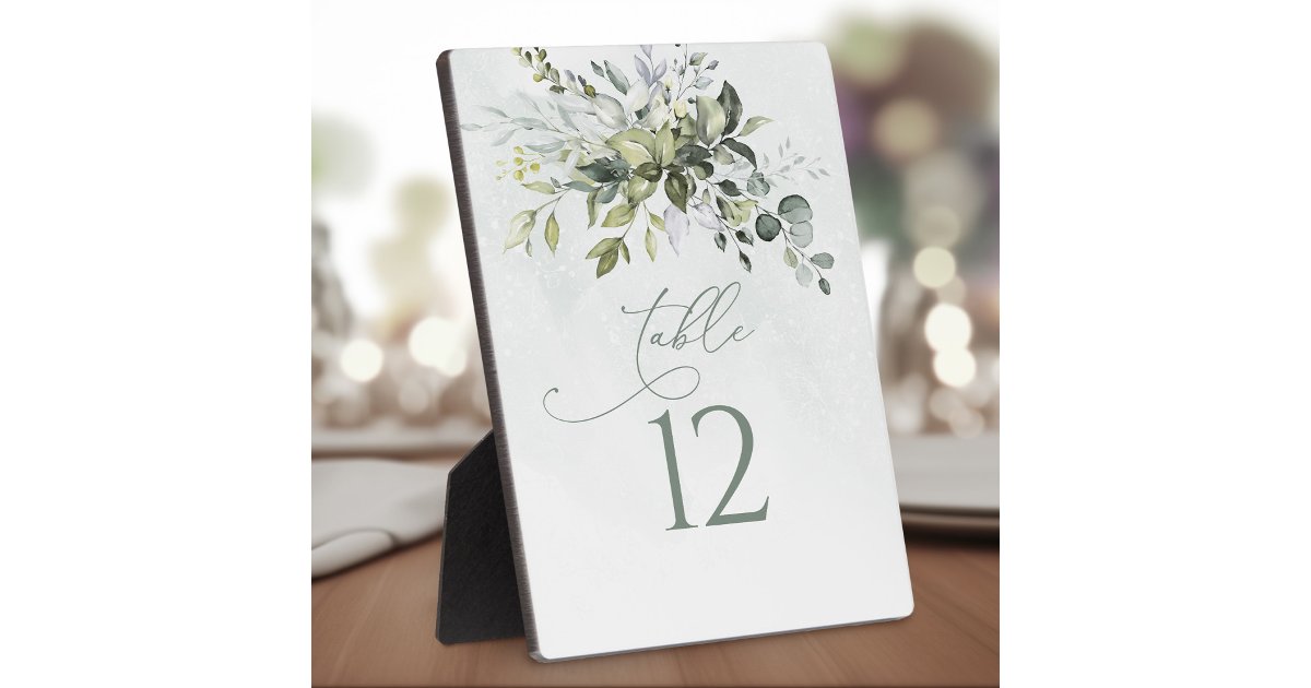 Table Number Greenery Watercolor Wedding Easel Plaque | Zazzle