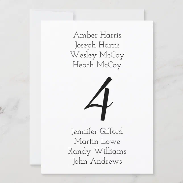 Table Number Names List Reception Seating Card | Zazzle