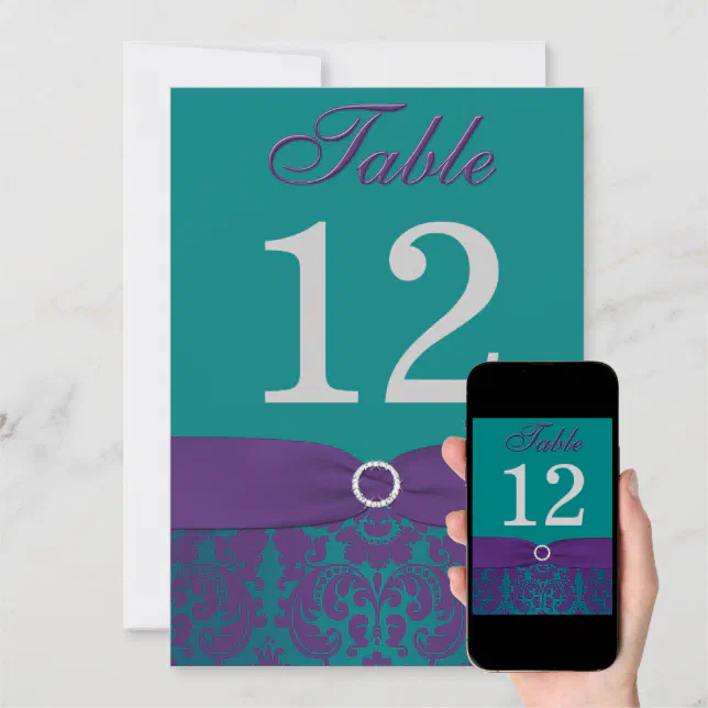 Table Number | Purple, Teal Damask | Zazzle
