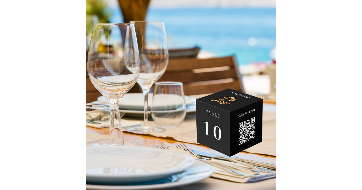 Table number QR code menu black business logo Cube | Zazzle