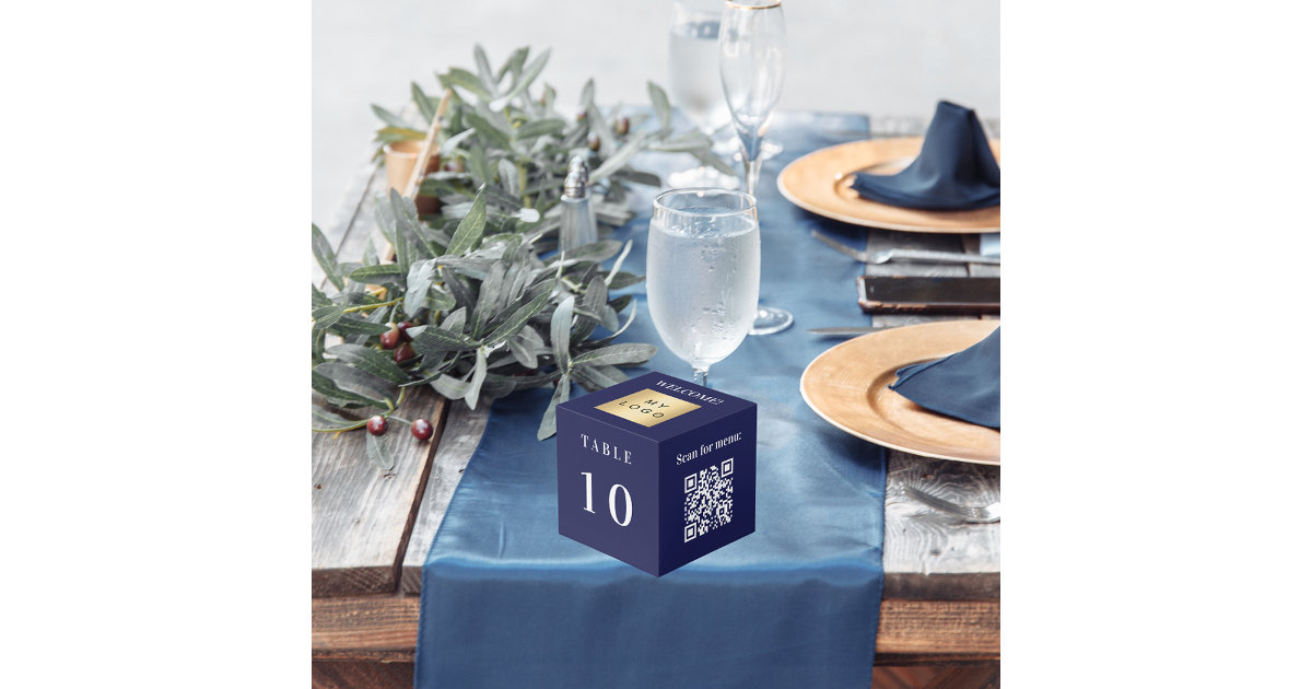 Table number QR code menu blue business logo Cube | Zazzle