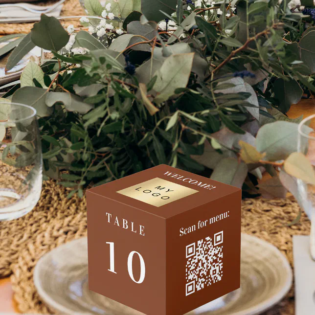 Table number QR code menu brown business logo Cube | Zazzle