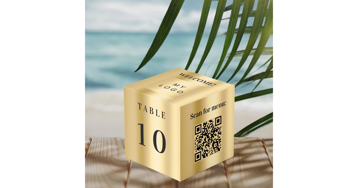 Table number QR code menu gold business logo Cube | Zazzle