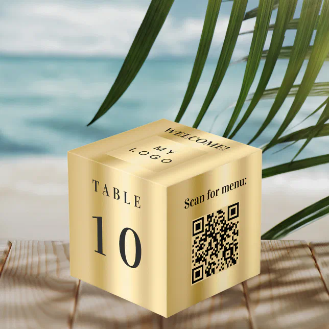 Table number QR code menu gold business logo Cube | Zazzle