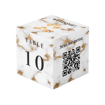Table number QR code menu marble business logo Cube | Zazzle