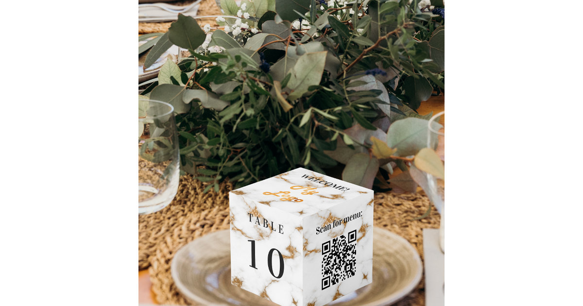 Table number QR code menu marble business logo Cube | Zazzle
