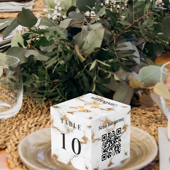 Table number QR code menu marble business logo Cube | Zazzle