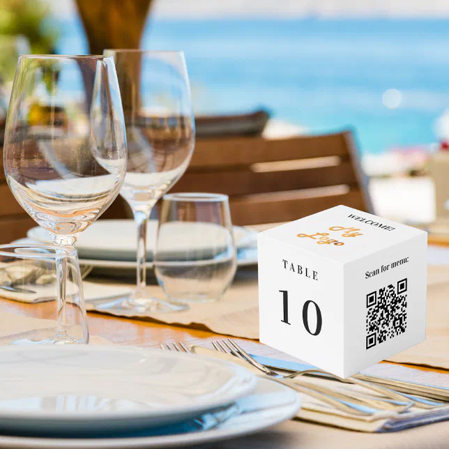 Table number QR code menu white business logo Cube | Zazzle