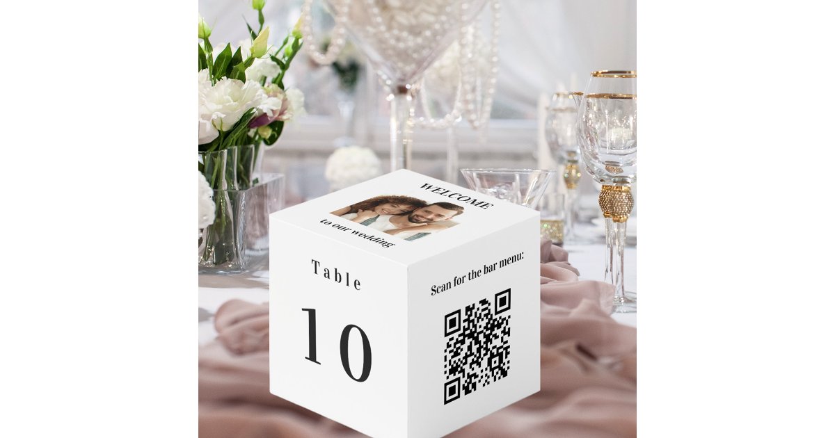 Table number QR code menu white photo Cube | Zazzle