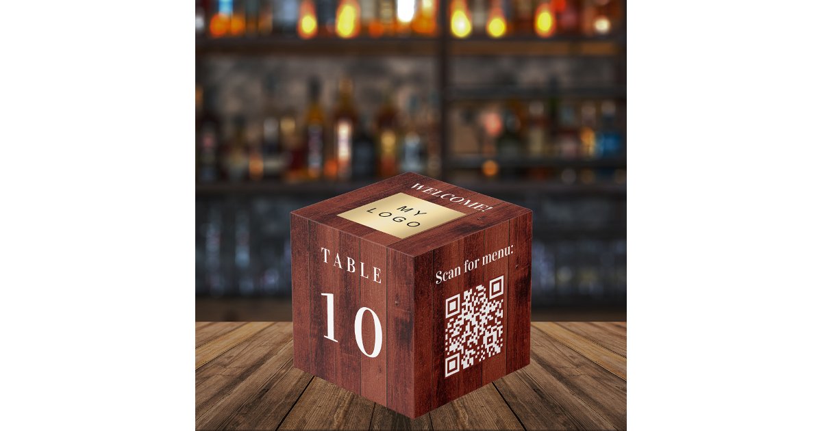 Table number QR code menu wood business logo Cube | Zazzle