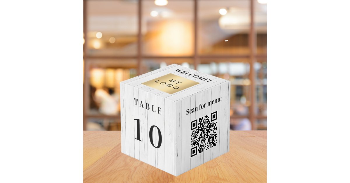 Table number QR code menu wood business logo Cube | Zazzle