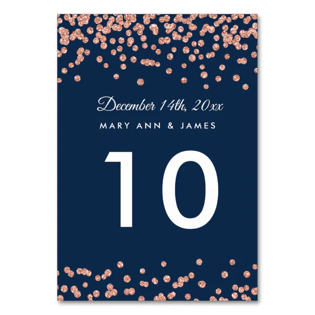 Table Number Rose Gold Faux Glitter Confetti Navy | Zazzle