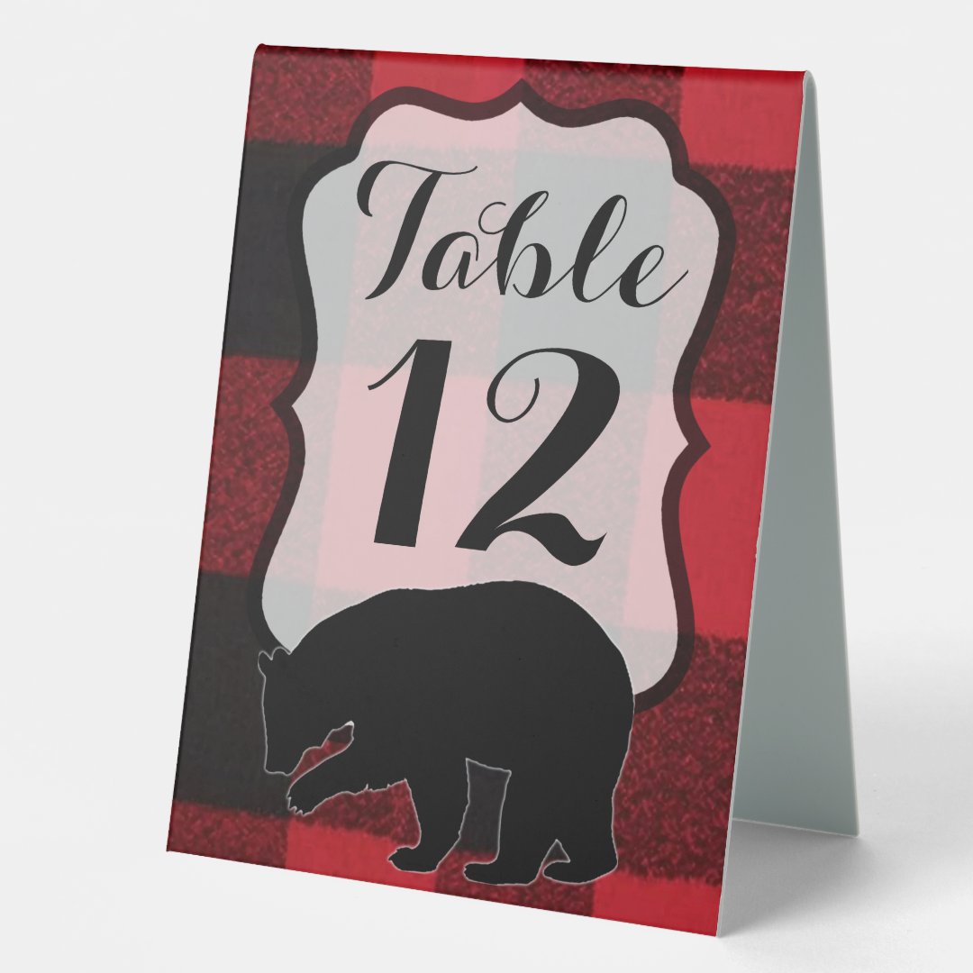 Table Number Tent Card Red Plaid Black Bear Table Tent Sign | Zazzle