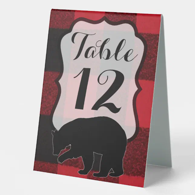 Table Number Tent Card Red Plaid Black Bear Table Tent Sign | Zazzle