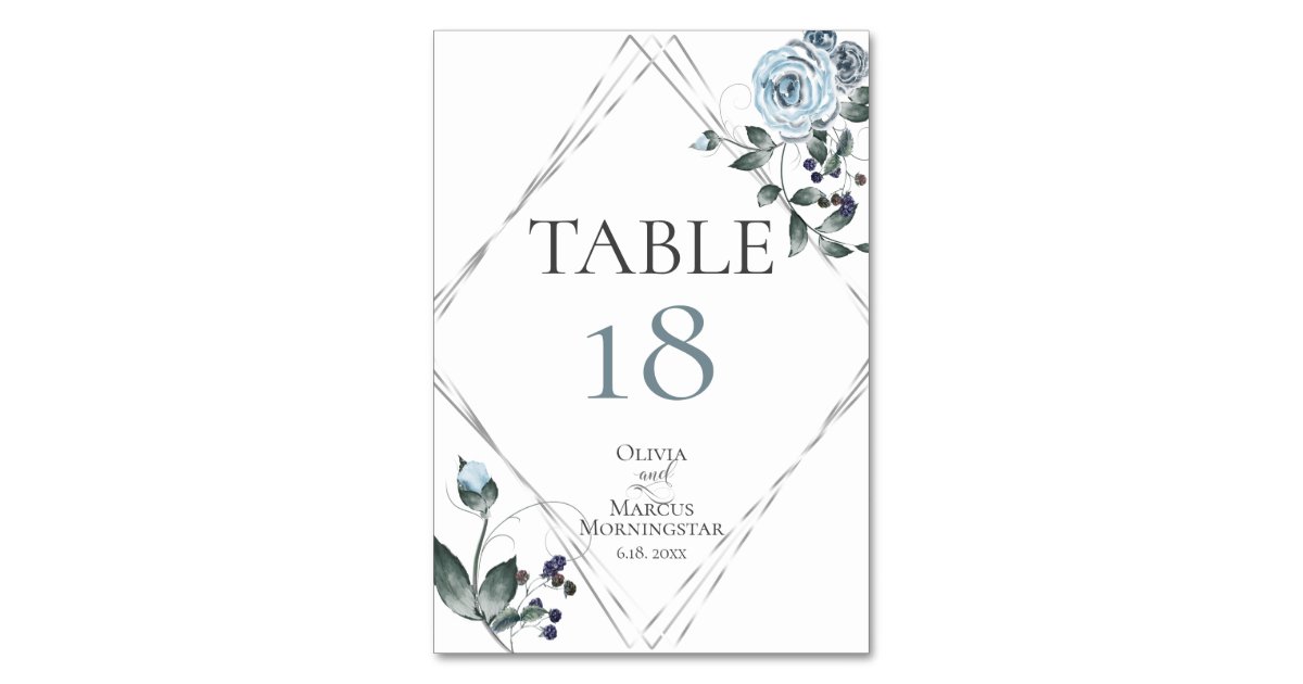 TABLE NUMBER | Watercolor Dusty Blue Floral Silver | Zazzle