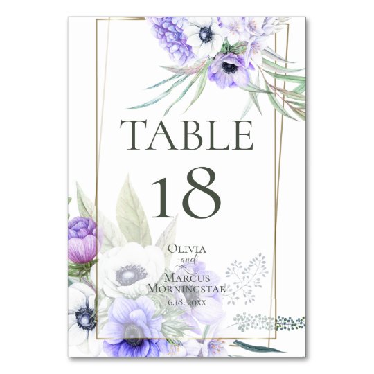 TABLE NUMBER | Watercolour Violet Anemone Floral | Zazzle.com