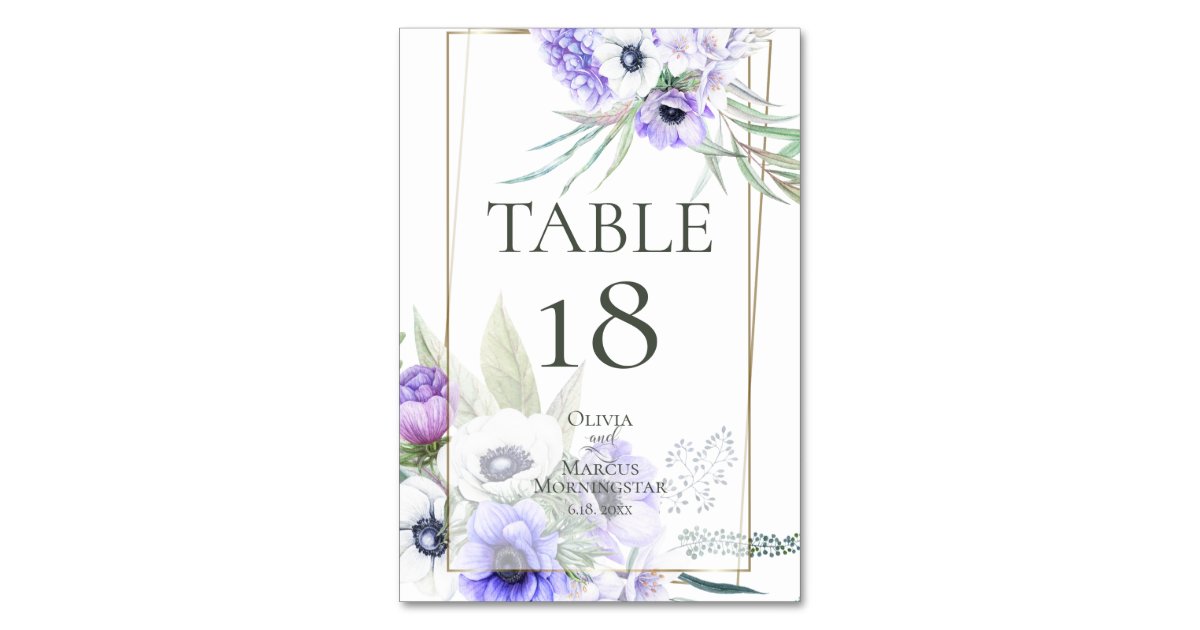 TABLE NUMBER | Watercolour Violet Anemone Floral | Zazzle