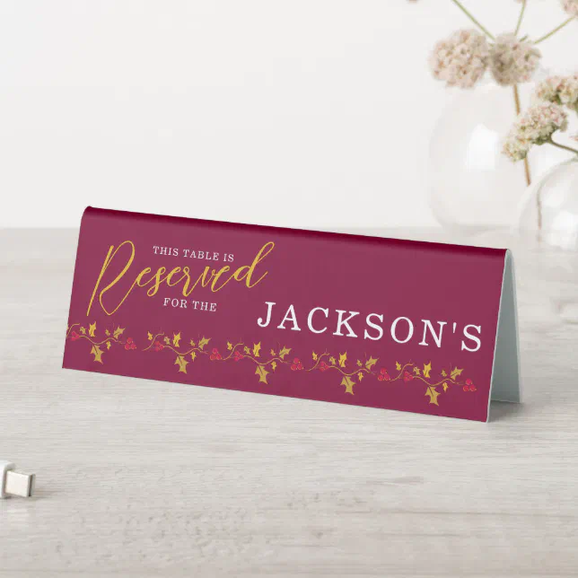 Table reserved Christmas wine red Table Tent Sign | Zazzle