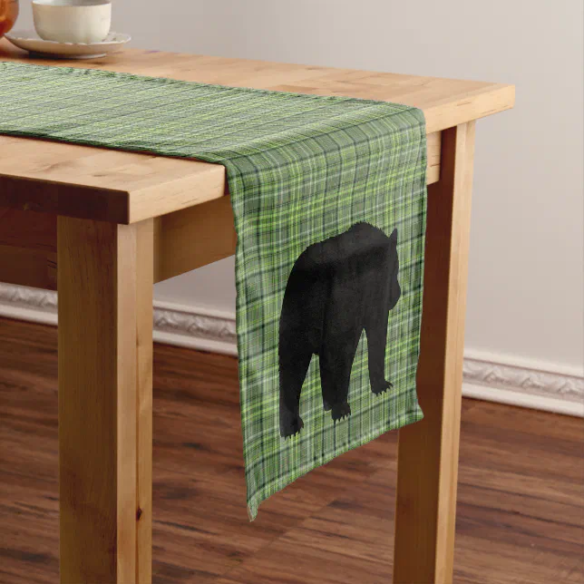 Table Runner Green Plaid & Bear | Zazzle