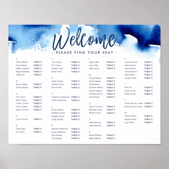 TABLE SEATING PLAN CHART modern blue watercolor | Zazzle
