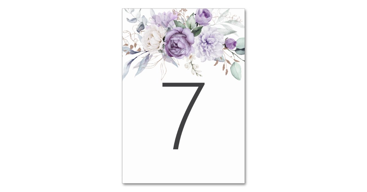 Table Seven Watercolor Purple Floral Wedding Table Number | Zazzle