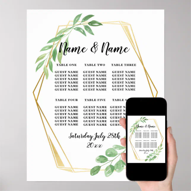 Table Wedding Leaves Poster Seating Gold Frame | Zazzle