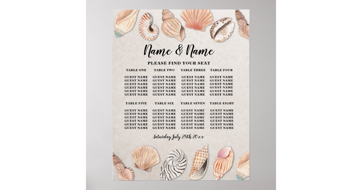 Table Wedding Seating 8 Seating Plan Shells Ocean Poster | Zazzle