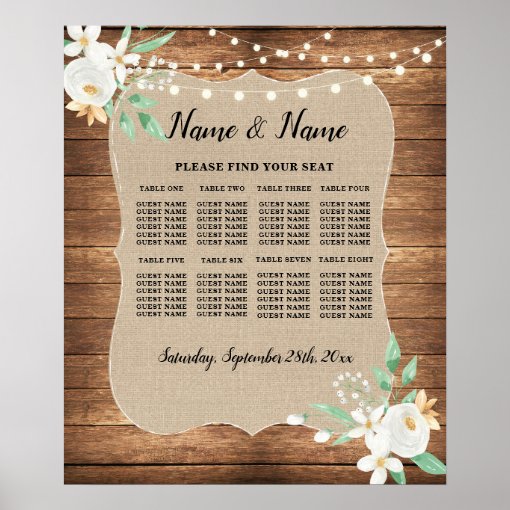 Table Wedding Seating White Floral 8 Seating Poster | Zazzle