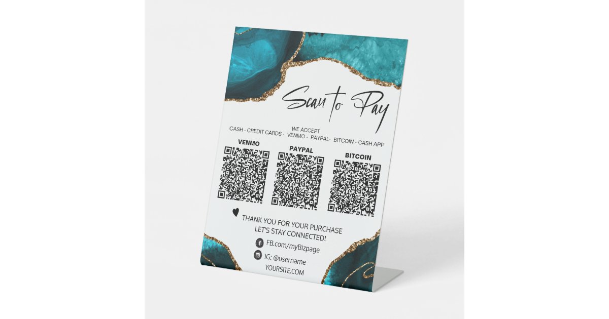 Tabletop QR - 3 PAYMENT Table Tent AGATE GOLD Pedestal Sign | Zazzle