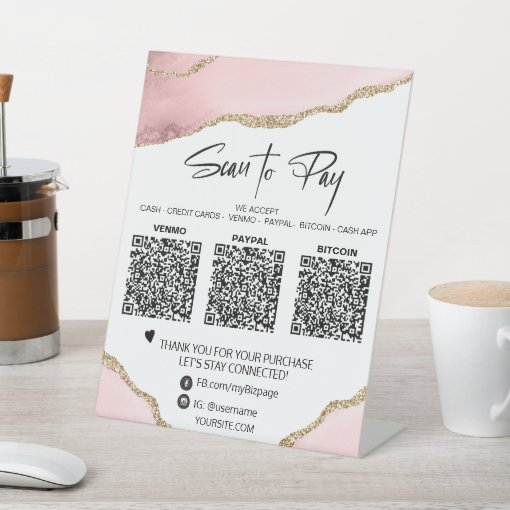 Tabletop QR 3 PAYMENT Table Tent PINK AGATE Pedestal Sign | Zazzle