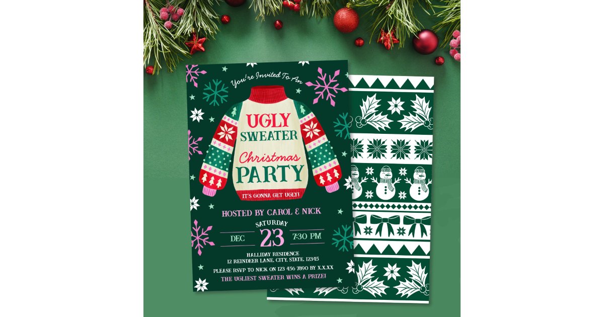 Tacky Festive Ugly Sweater Party Red and Green Invitation | Zazzle